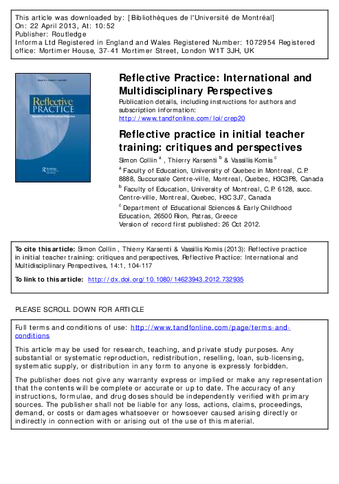 (PDF) Reflective practice in initial teacher training: critiques and ...