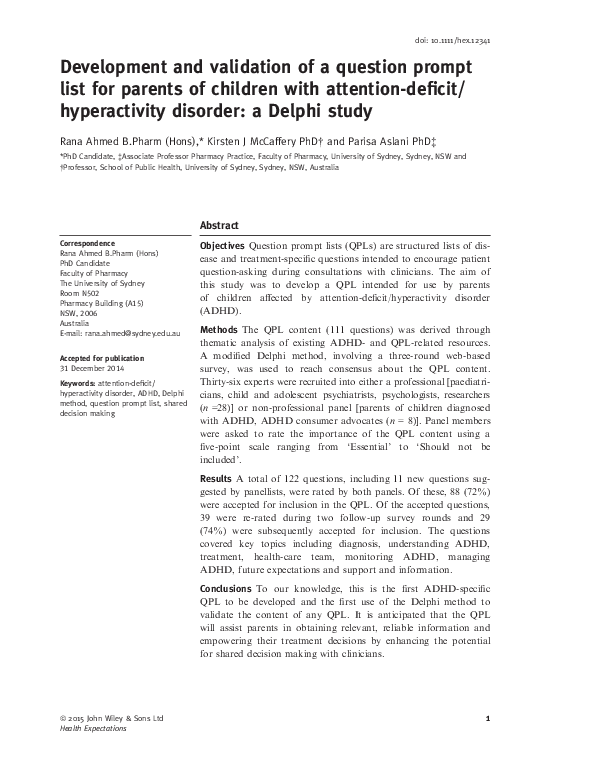 (PDF) Development and validation of a question prompt list for parents of children with ...