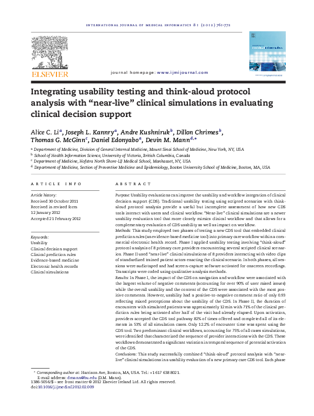 Pdf Integrating Usability Testing And Think Aloud Protocol Analysis With Near Live” Clinical