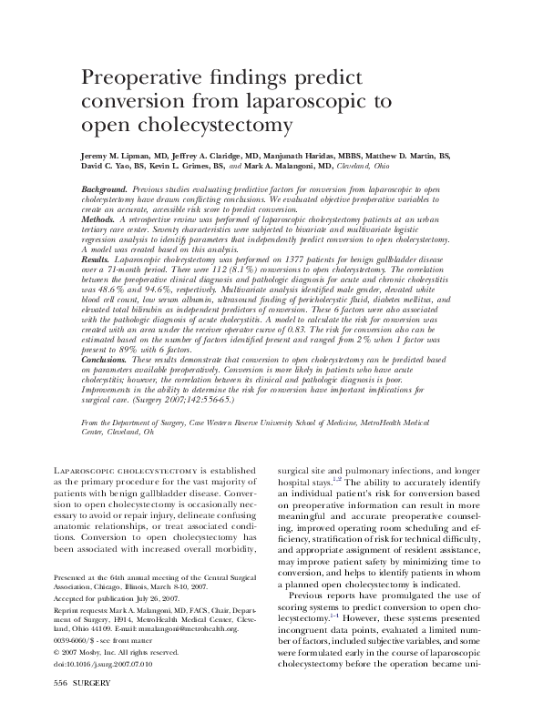 (PDF) Preoperative findings predict conversion from laparoscopic to open cholecystectomy