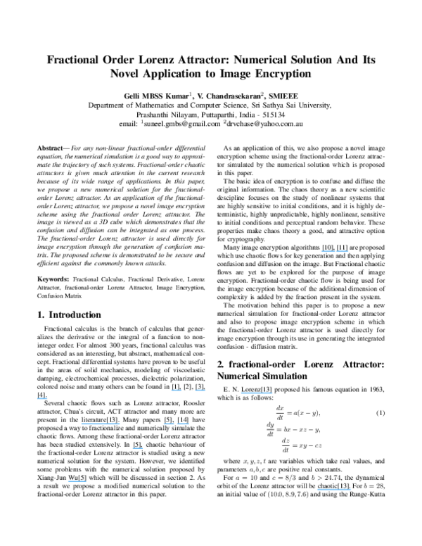 Pdf Fractional Order Lorenz Attractor Numerical Solution And Its Novel Application To Image