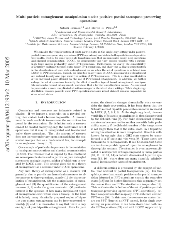 Pdf Multiparticle Entanglement Manipulation Under Positive Partial Transpose Preserving Operations