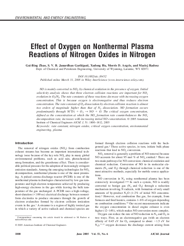 (PDF) Effect of oxygen on nonthermal plasma reactions of nitrogen ...