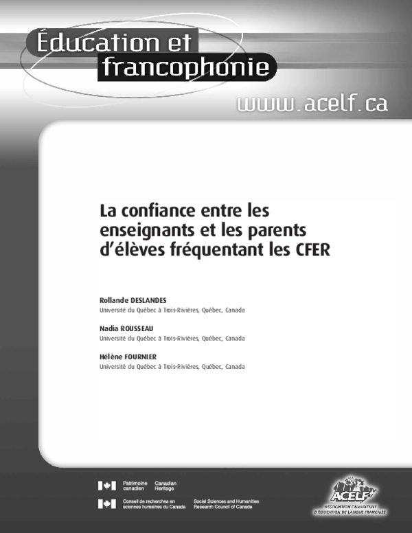 (PDF) La confiance entre les enseignants et les parents d'élèves fréquentant les CFER