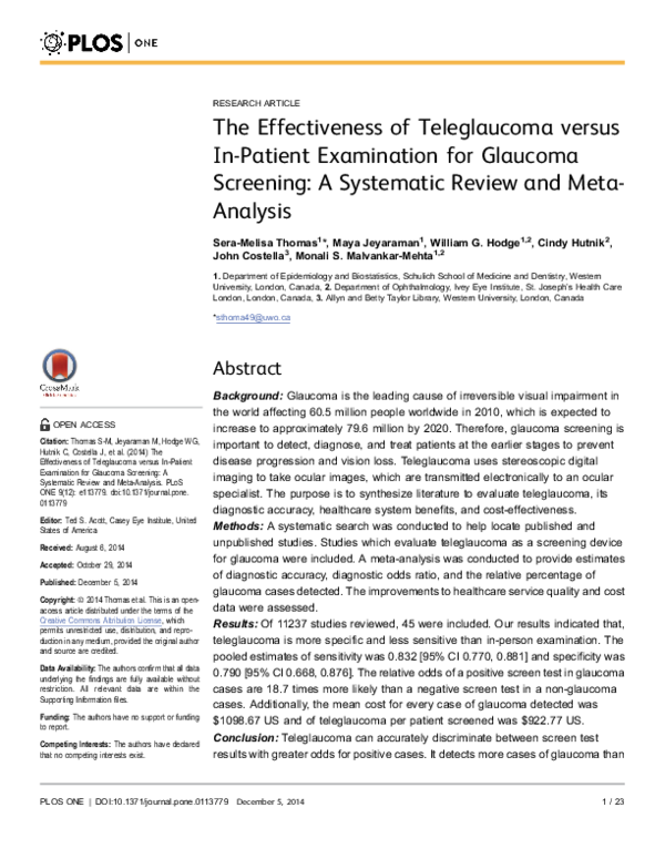 (PDF) The Effectiveness of Teleglaucoma versus In-Patient Examination ...