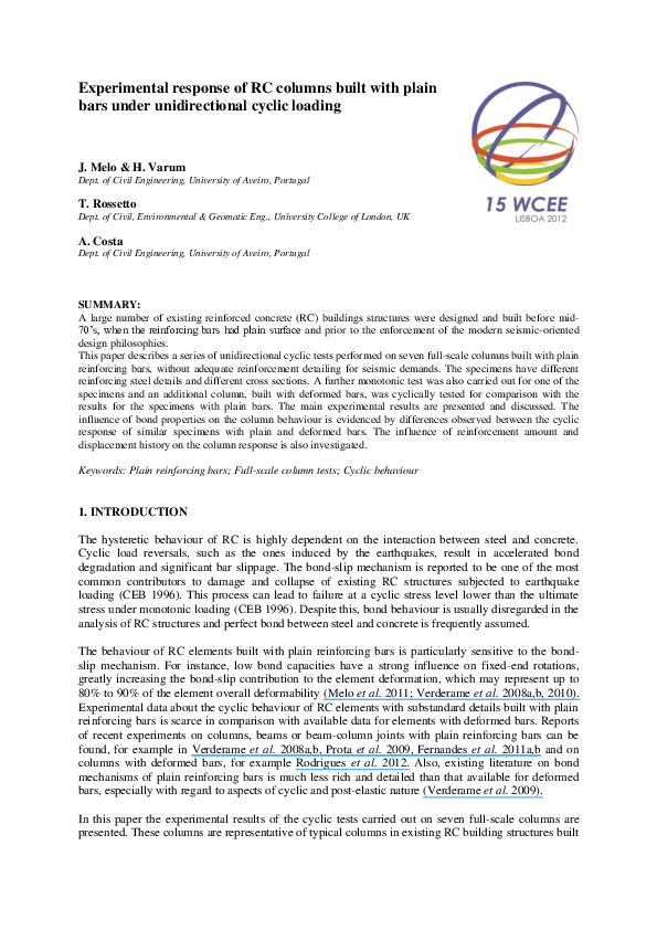 (PDF) Experimental response of RC columns built with plain bars under unidirectional cyclic loading