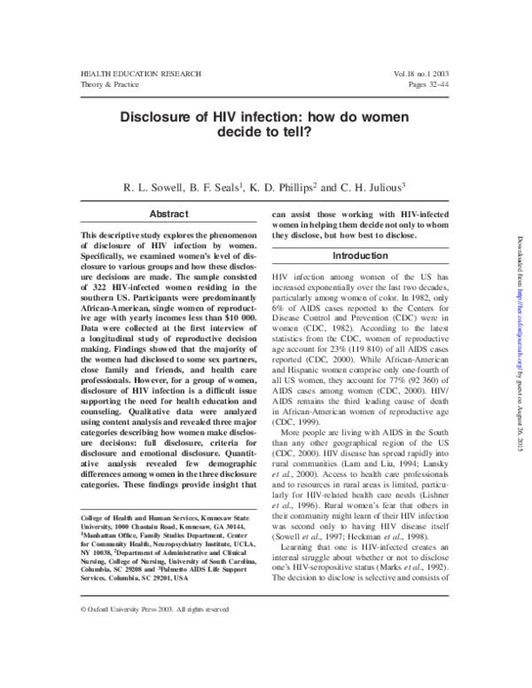 (PDF) Disclosure of HIV infection: how do women decide to tell?