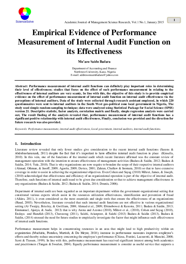 (PDF) Empirical Evidence of Performance Measurement of Internal Audit Function on its Effectiveness