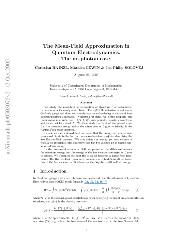 (PDF) The mean-field approximation in quantum electrodynamics: The no-photon case
