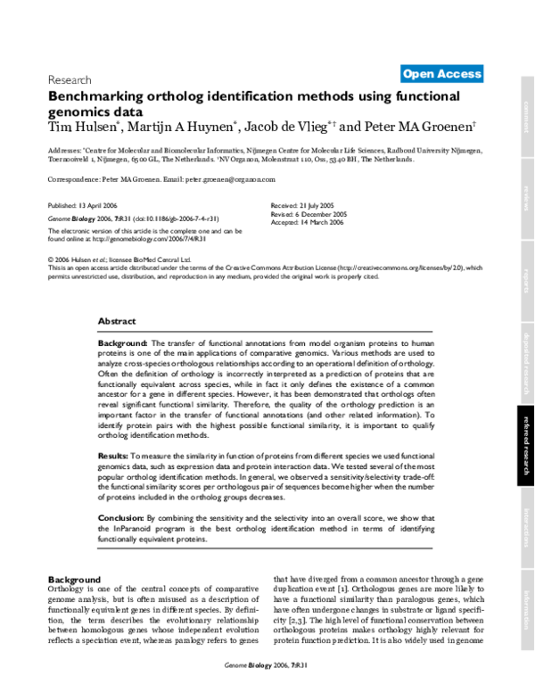(PDF) Benchmarking ortholog identification methods using functional ...