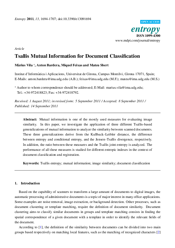 (PDF) Tsallis Mutual Information for Document Classification