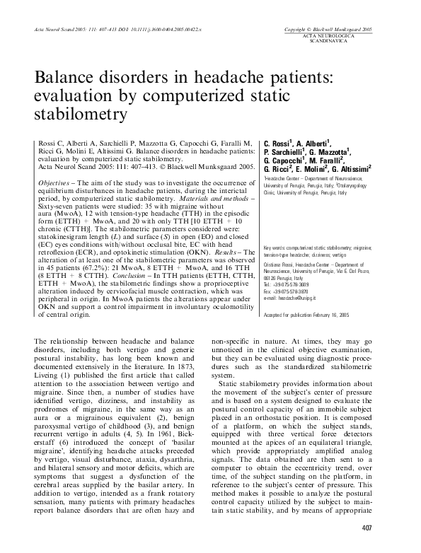 (PDF) Balance disorders in headache patients: evaluation by computerized static stabilometry