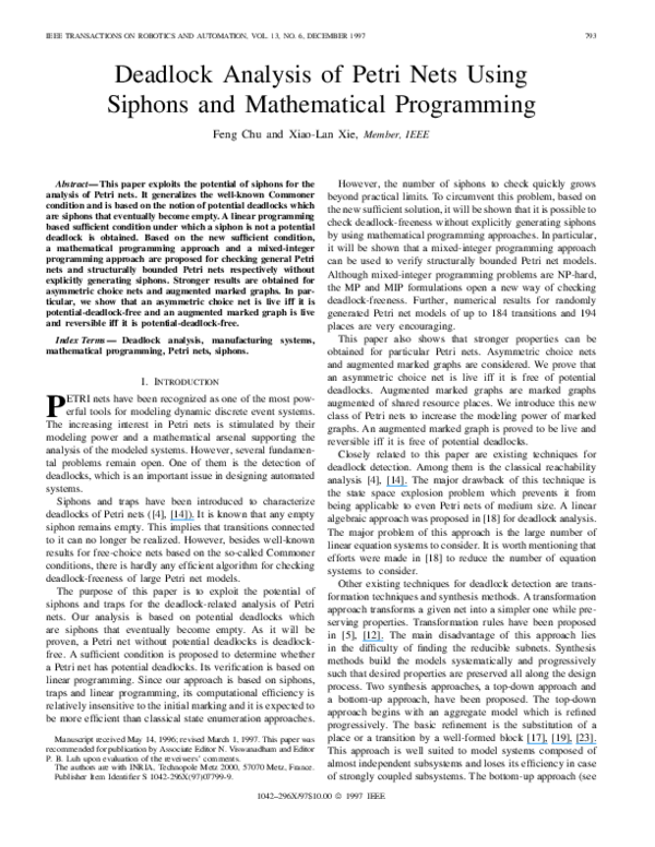 (PDF) Deadlock analysis of Petri nets using siphons and mathematical programming