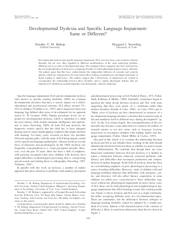 (PDF) Developmental Dyslexia and Specific Language Impairment: Same or Different?