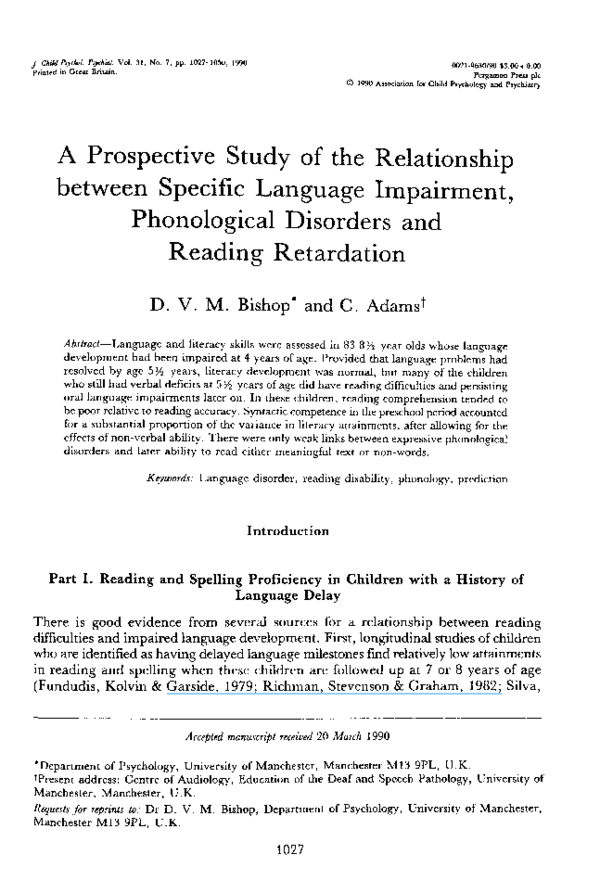 (PDF) A Prospective Study of the Relationship between Specific Language Impairment, Phonological ...