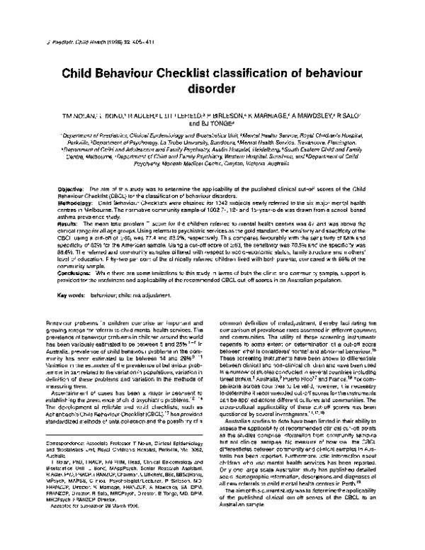 (PDF) Child Behaviour Checklist classification of behaviour disorder