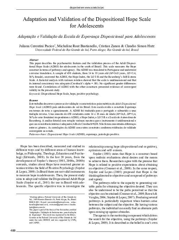 (PDF) Adaptation and validation of the dispositional hope scale for ...