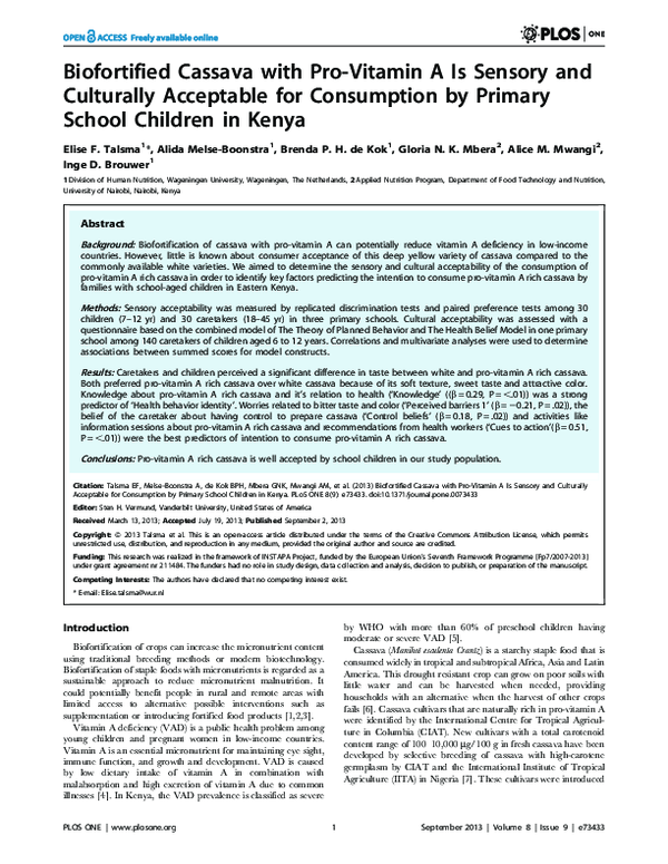 (PDF) Biofortified Cassava with Pro-Vitamin A Is Sensory and Culturally ...