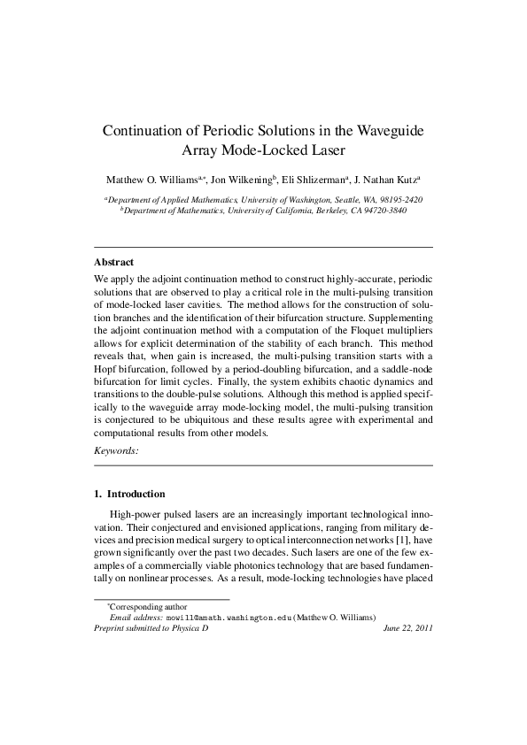 (PDF) Continuation of periodic solutions in the waveguide array mode-locked laser | Jon ...