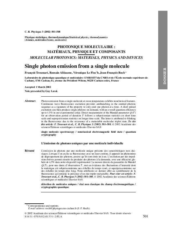 (PDF) Single photon emission from a single molecule