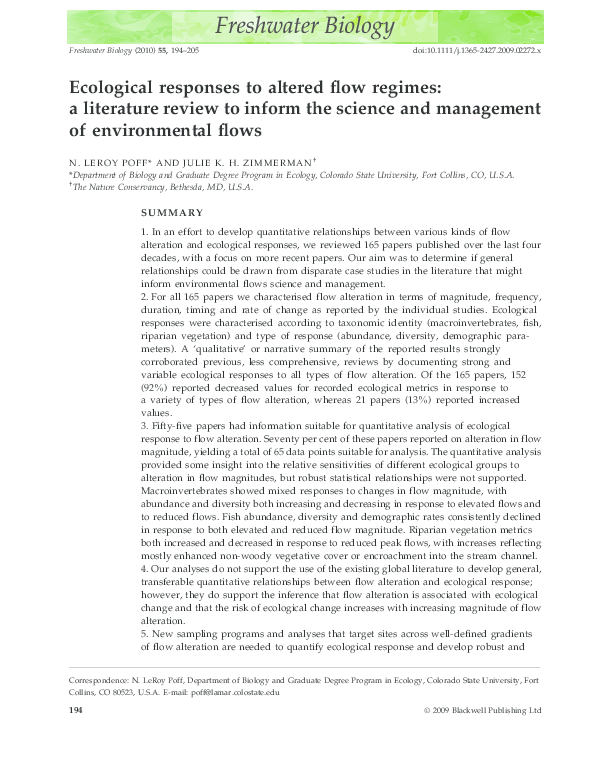 (PDF) Ecological responses to altered flow regimes: a literature review ...