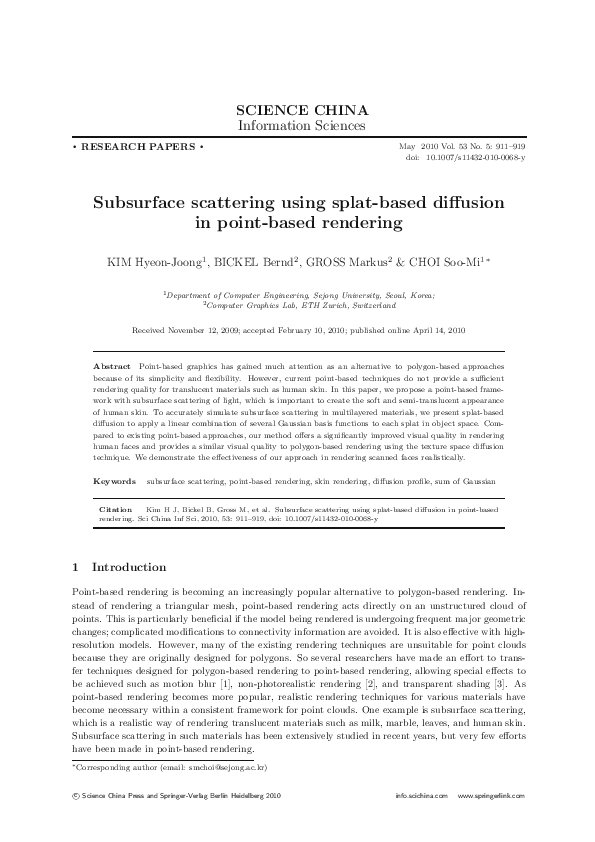 (PDF) Subsurface scattering using splat-based diffusion in point-based rendering