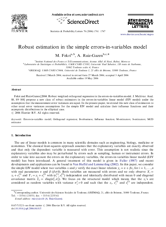 Pdf Robust Estimation In The Simple Errors In Variables Model A Ruiz Gazen