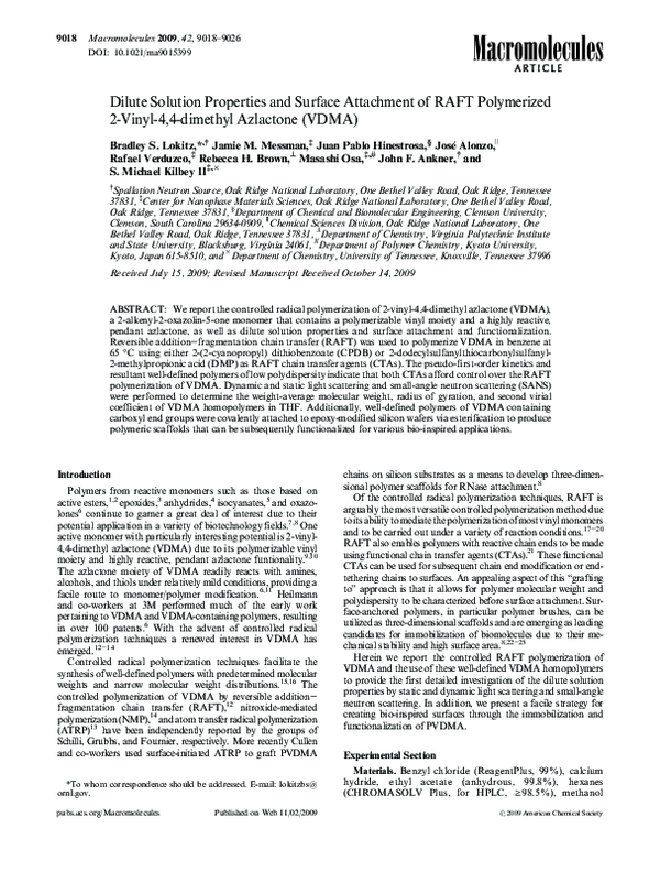 (PDF) Controlled RAFT Polymerization of 2Vinyl4,4-Dimethylazlactone ...