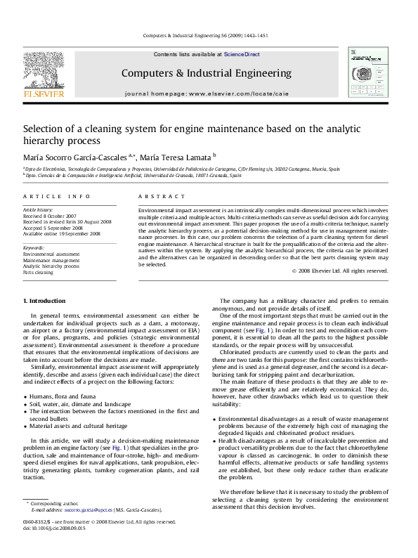 Pdf Selection Of A Cleaning System For Engine Maintenance Based On The Analytic Hierarchy Process