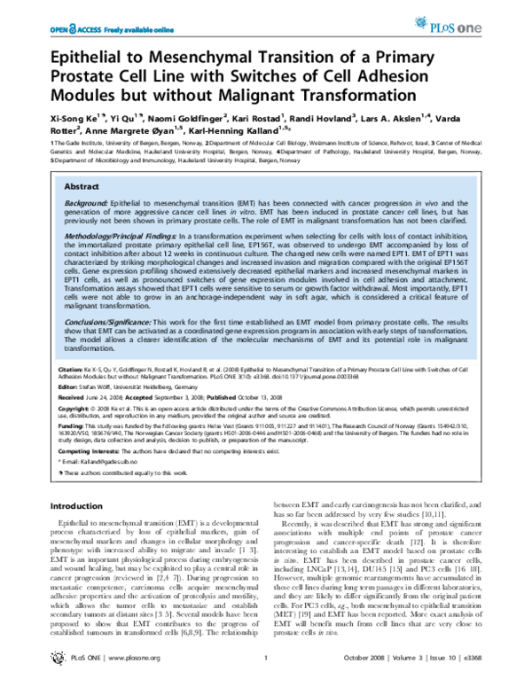 (PDF) Epithelial to Mesenchymal Transition of a Primary Prostate Cell ...