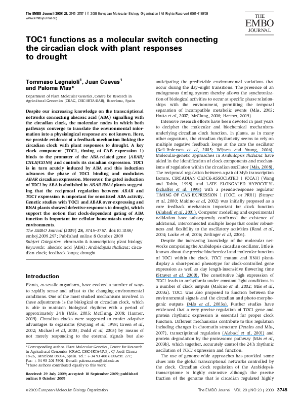 (PDF) TOC1 functions as a molecular switch connecting the circadian ...