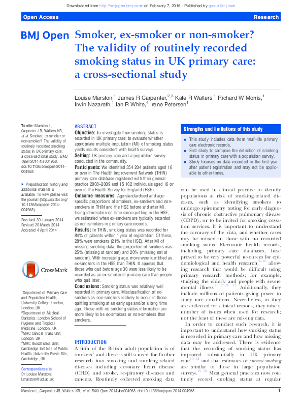 (PDF) Smoker, ex-smoker or non-smoker? The validity of routinely ...