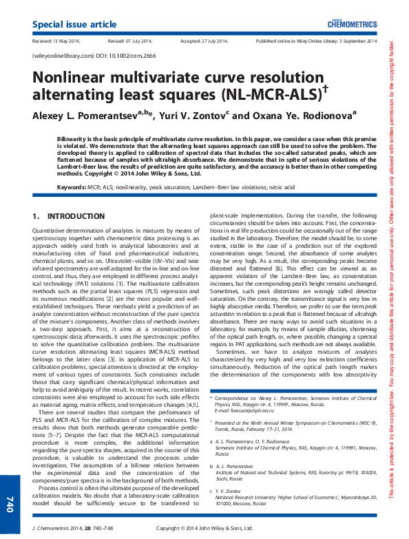 (PDF) Nonlinear multivariate curve resolution alternating least squares (NL-MCR-ALS)