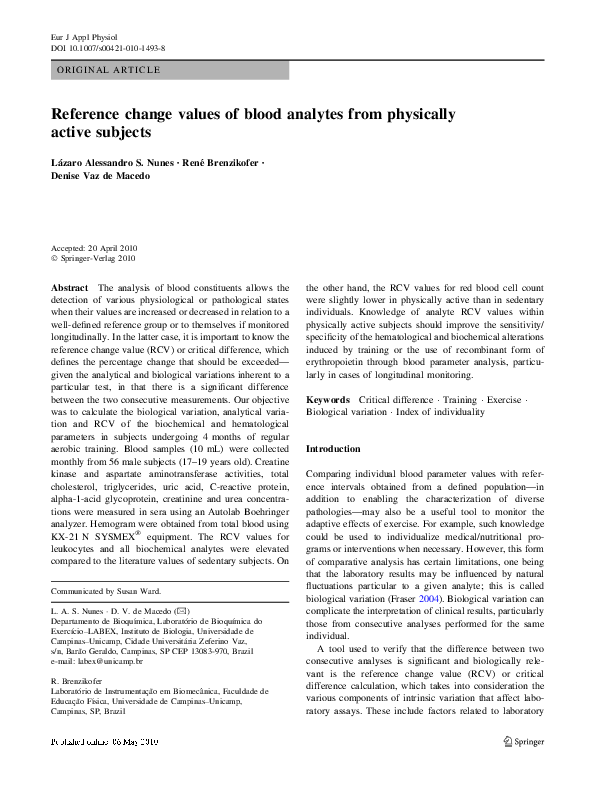 (PDF) Reference change values of blood analytes from physically active ...