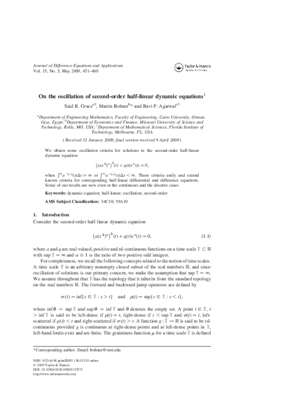 Pdf On The Oscillation Of Second Order Half Linear Dynamic Equations1