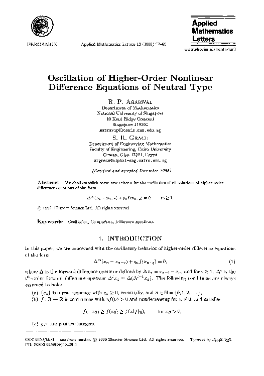 Pdf Oscillation Of Higher Order Nonlinear Difference Equations Of Neutral Type