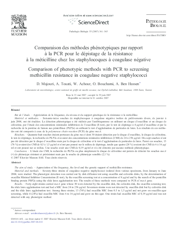 (PDF) Comparison of phenotypic methods with PCR to screening methicillin resistance in coagulase ...