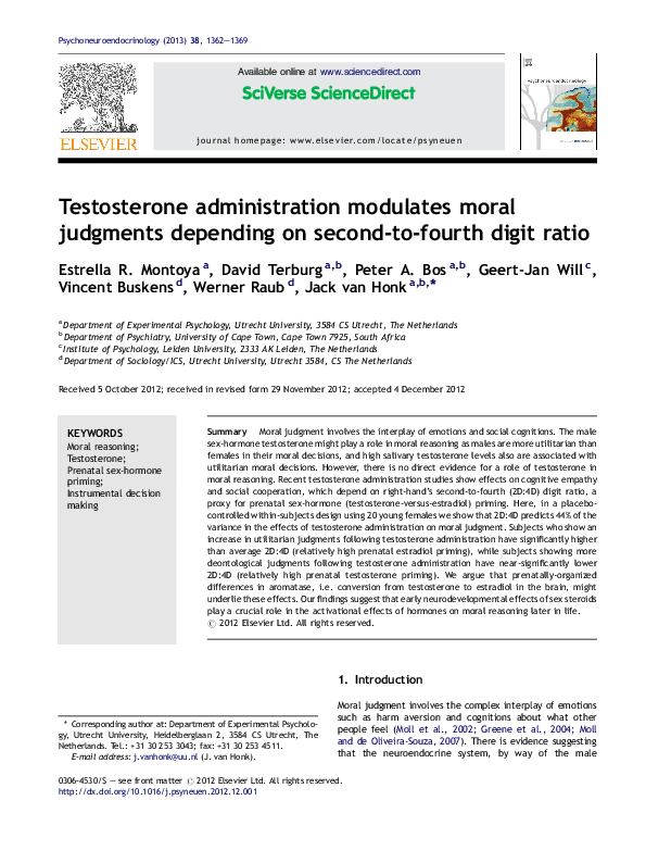 (PDF) Testosterone administration modulates moral judgments depending ...