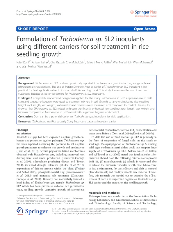 (PDF) Formulation of Trichoderma sp. SL2 inoculants using different carriers for soil treatment ...