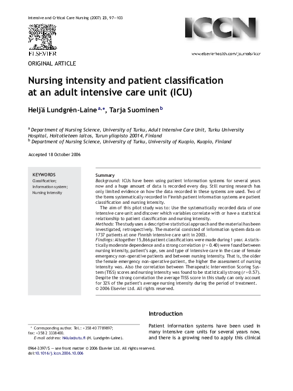(PDF) Nursing intensity and patient classification at an adult ...