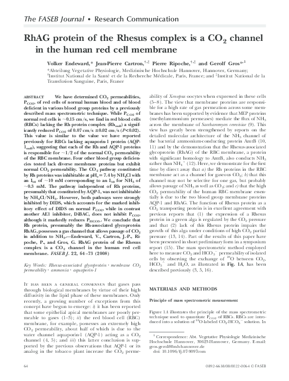 (PDF) RhAG protein of the Rhesus complex is a CO2 channel in the human ...