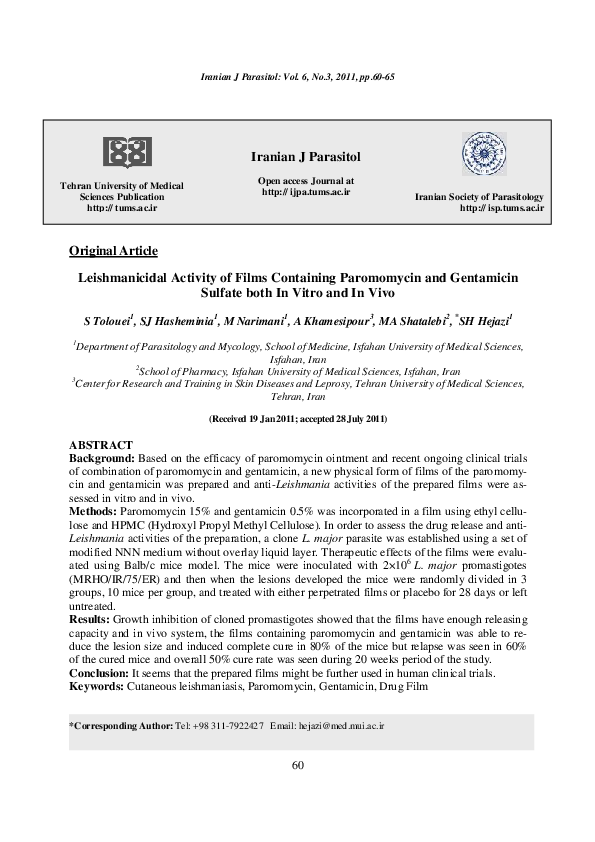 (PDF) Leishmanicidal Activity of Films Containing Paromomycin and ...