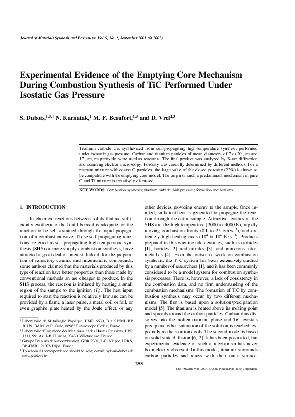 (PDF) Experimental Evidence of the Emptying Core Mechanism During Combustion Synthesis of TiC ...