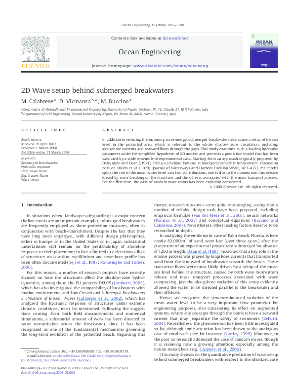 (PDF) 2D Wave setup behind submerged breakwaters