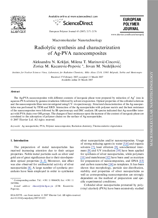(PDF) Radiolytic synthesis and characterization of Ag-PVA nanocomposites