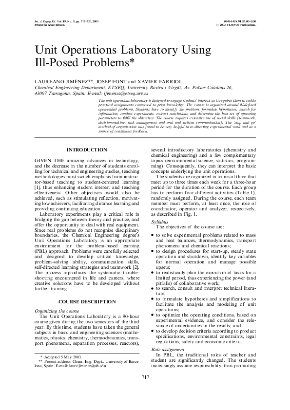 (PDF) Unit Operations Laboratory Using Ill-Posed Problems