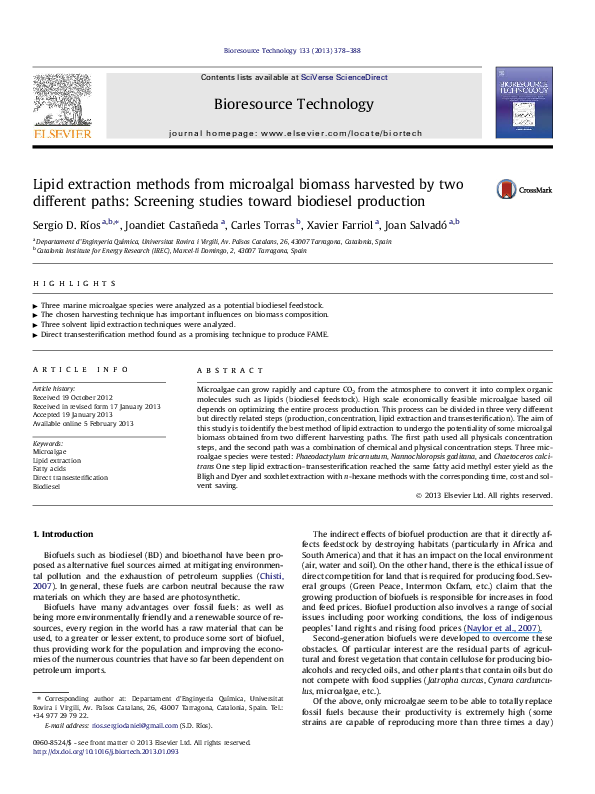 (PDF) Lipid Extraction for Marine Biodiesel Production