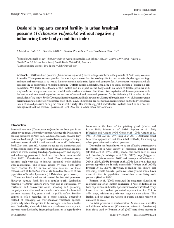 (PDF) Deslorelin implants control fertility in urban brushtail possums ( Trichosurus vulpecula ...