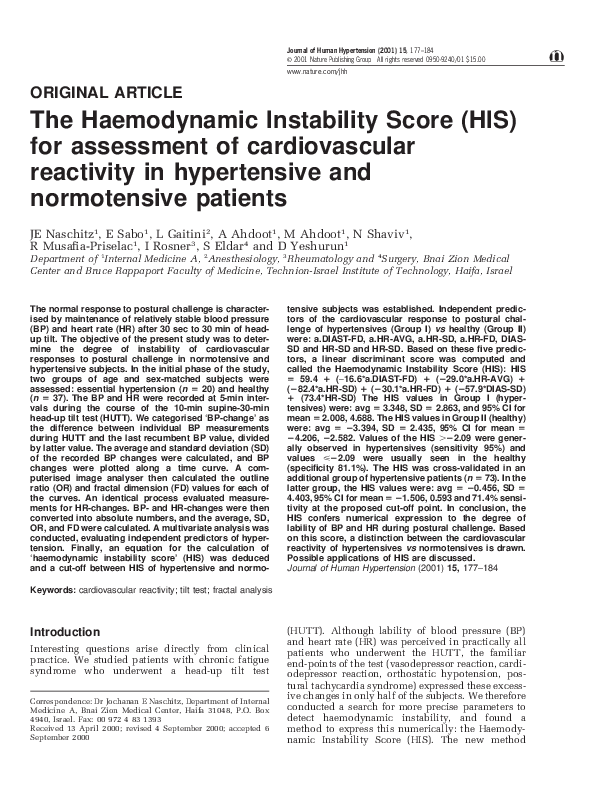 (PDF) The Haemodynamic Instability Score (HIS) for assessment of ...