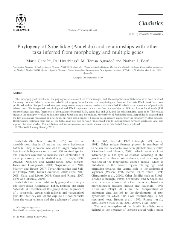 (PDF) Phylogeny of Sabellidae (Annelida) and relationships with other ...